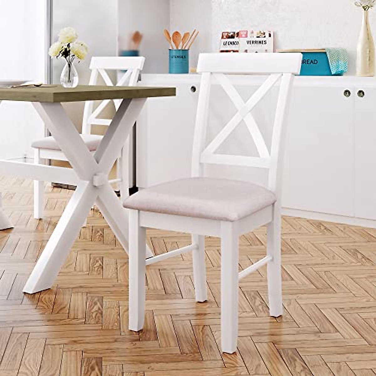 Harper & Bright Designs 5-Piece Wood Dining Table Set, Farmhouse Rustic Kitchen Dining Table with 4 Upholstered X-Back Chairs, White+Beige