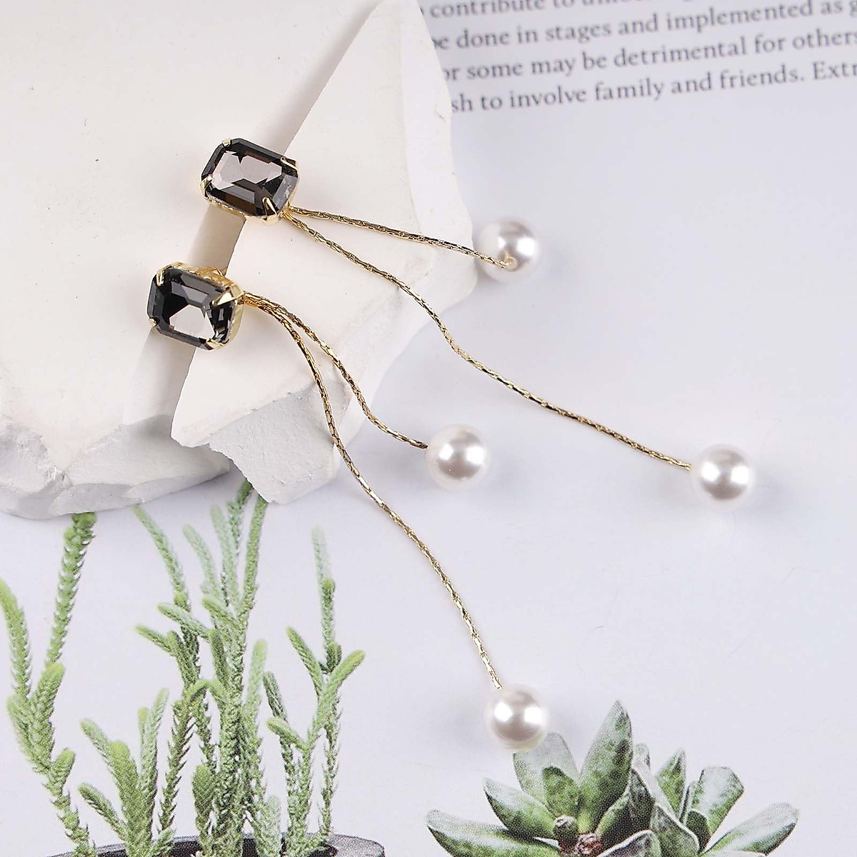 Sttiafay Vintage Black Crystal Pearl Drop Earrings Gold Long Tassel Pearl Earrings Rhinestone Pearl Chain Earrings Black Square Crystal Earrings Jewelry for Women and Girls