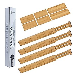 Bamboo Drawer Dividers Set of 4, Expandable Drawer Organizer, Utensil Drawer Organizer, Dresser Drawer Divider, Drawer Separators, Adjustable Drawer Divider with Secure Hold and Protective Padding
