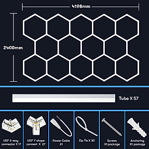 Hexagon Garage Lights: 6500K Cool White 14 Grid Hex Garage Light, 57 Packs LED Light, Super Bright Honeycomb Hexagon Ceiling Llight for Car Detailing Garage Workshop Basement Gym Barber