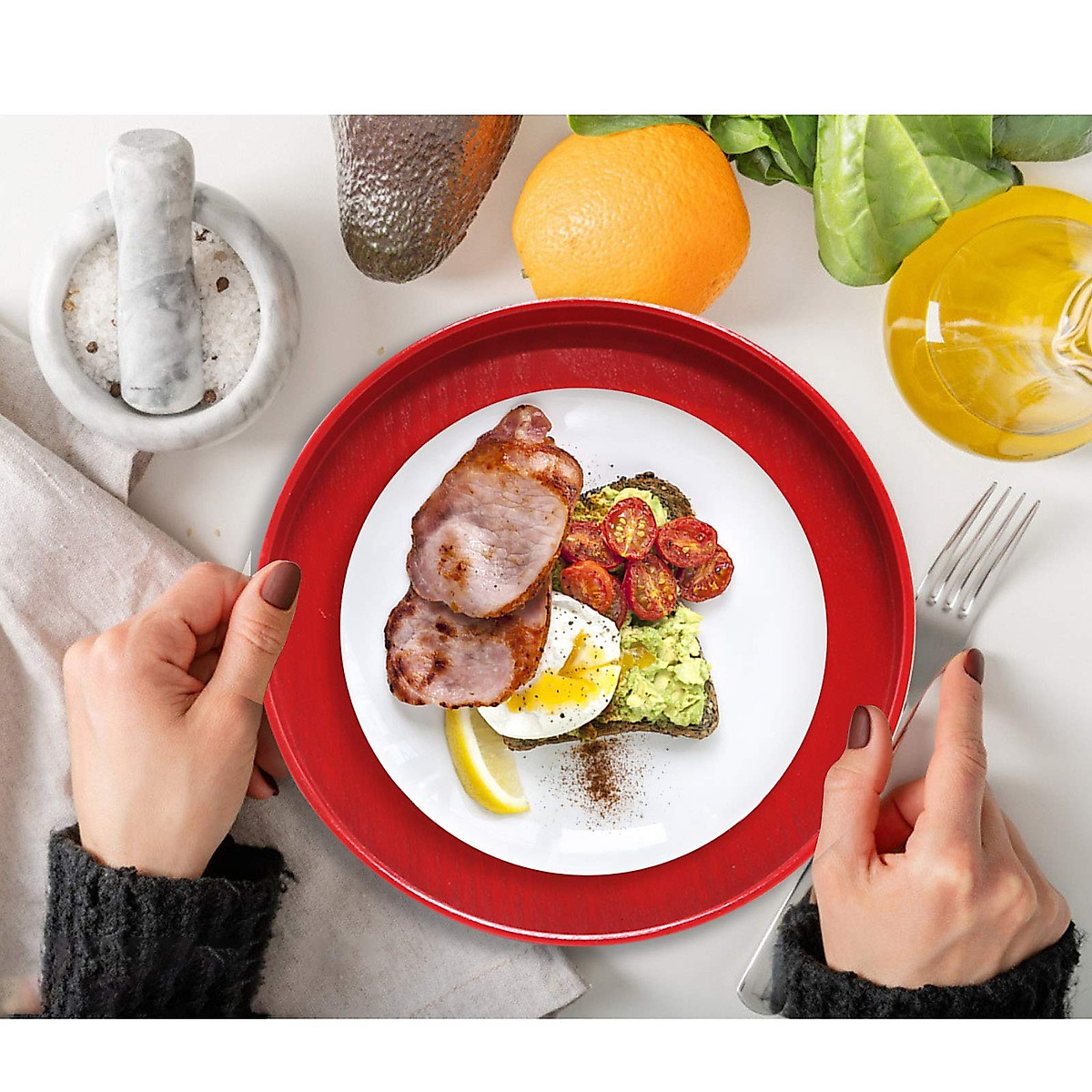 Round Solid Wood Serving Tray, Non-Slip Tea Coffee Snack Plate Food Meals Serving Tray with Raised Edges for Home Kitchen Restaurant(8.2inch,Red)