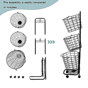 MYOYAY 3-Tier Laundry Basket 360° Moveable Iron Art Laundry Basket with Wheels Metal Wire Small Clothes Storing Stand Removable Dirty Clothes Storage Basket Bathroom Balcony Black