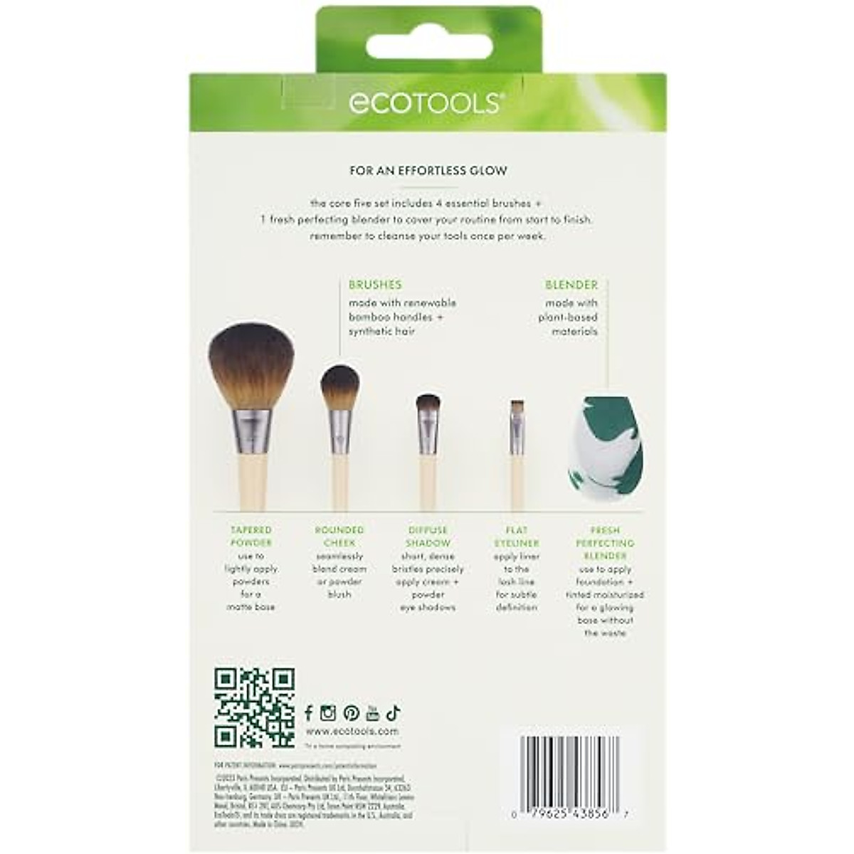 EcoTools Core Five Makeup Brush and Sponge Kit, For Eyeshadow, Blush, Bronzer, Eyeliner, & Foundation, Makeup Blending Sponge For Liquid & Cream Products, Essential Eco Friendly Brushes, 5 Piece Set