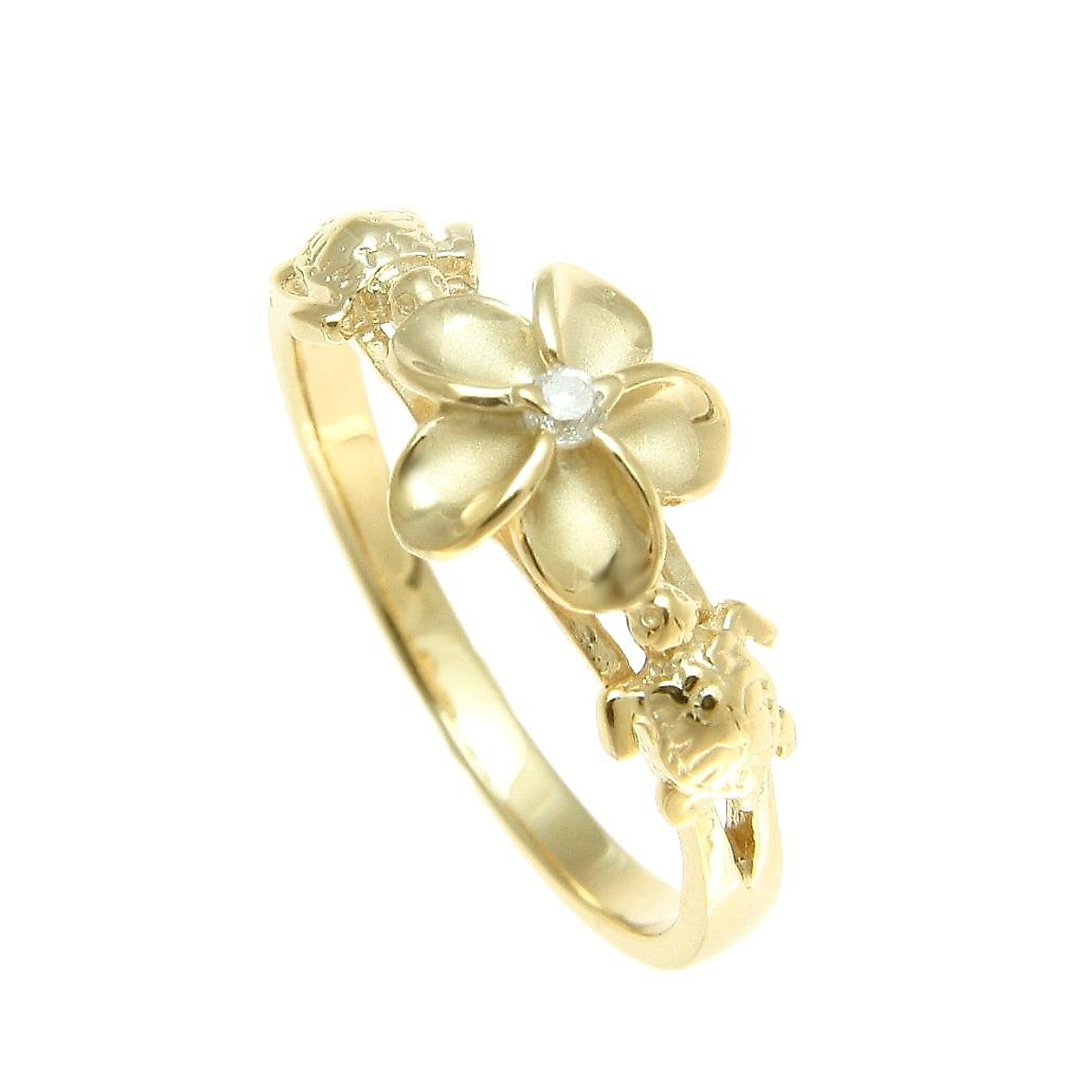 Arthur's Jewelry Yellow gold plated sterling silver 925 Hawaiian plumeria flower cz sea turtle ring size 9.5