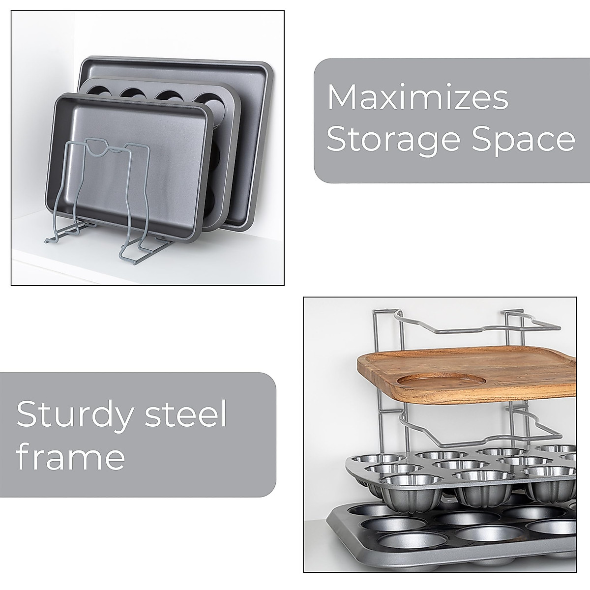 Smart Design Bakeware and Lid Storage Rack with 4 Compartment Dividers - Steel Metal Frame - Rust Resistant Finish - Cooking and Baking Pantry Organization - Kitchen 10 x 8 Inch - Light Blue