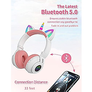 YUSONIC Unicorn Kids Headphones,Unicorn Bluetooth Headphones Foldable for Girls Boys Toddlers Phones/ipad/Amazon fire,Light Up Kids Wireless Headphone Birthday Gifts (White+Pink)