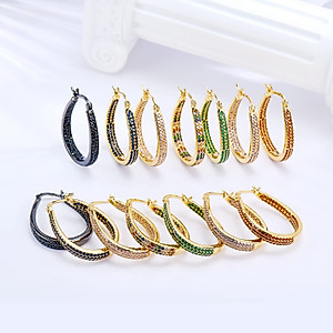 925 Sterling Silver Post Hoop Earrings for Women Gilrs Black Cubic Zirconia 14K Gold Plated Oval Chunky Gold Hoop Earrings weinuo Jewelry