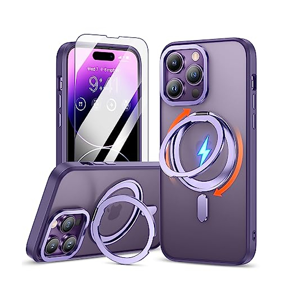 Caka 360° Rotatable Ring for iPhone 14 Pro Max Phone Case with Screen Protector & Kickstand Magnetic Ring Holder Protective Matte Case for iPhone 14 Pro Max 6.7 inches - Deep Purple