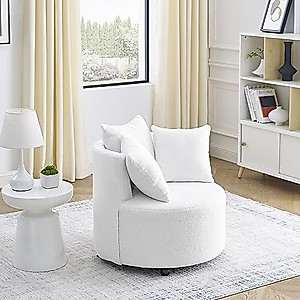 KEVINSPACE 30'' Small Swivel Barrel Chair, Comfy Round Club Chairs for Living Room Bedroom, Swivel Single Sofa with 4 Universal Caster Wheels Lounge Accent Chair Boucle Armchair White