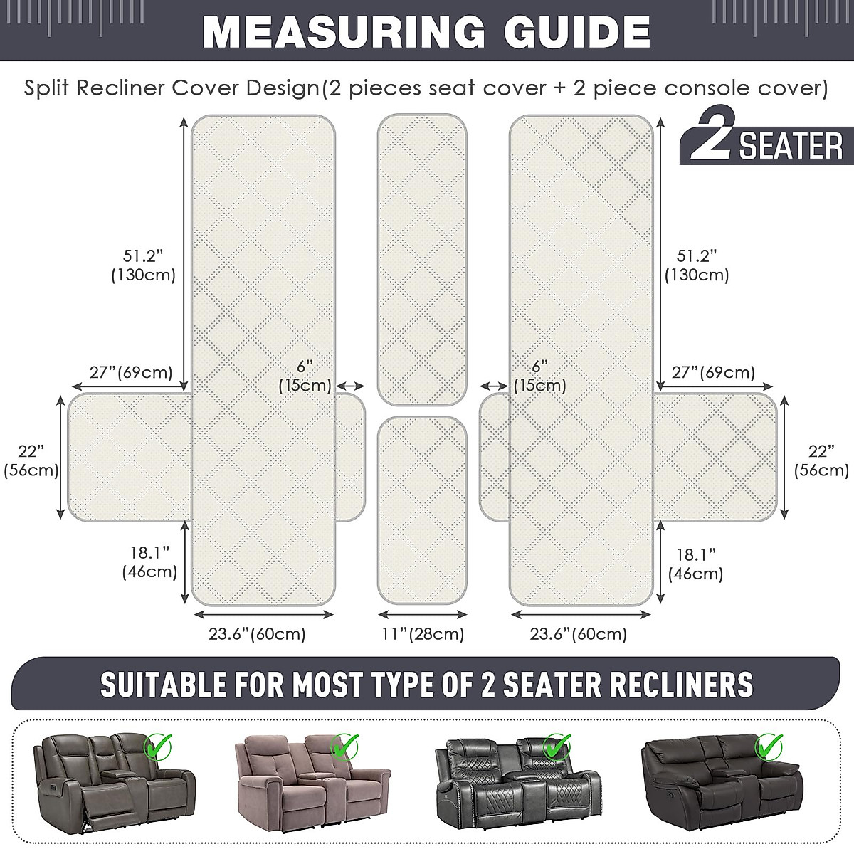 TAOCOCO Loveseat Recliner Cover with Console, Non-Slip Split Reclining Pet Cover for Dual Loveseat Recliner, Furniture Protector with Elastic Straps (2 Seater, Dark Grey)