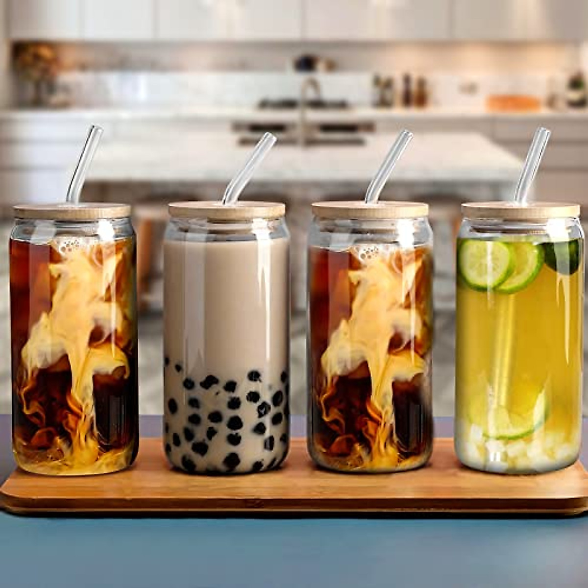 Benestanti Glass Cups with Bamboo Lids and Straws 4 pcs Set,16 oz Drinking Glass Tumbler with Straw and Lid,Iced Coffee Cups with Lids,Smoothie Cups,Ideal for Beer Cocktail Whiskey Tea Juice Gift