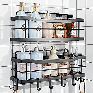Wekin Shower Caddy Bathroom Organizer, Wall Mount Shower Organizer with Hooks, No Drilling Rustproof Stainless Steel Self-Adhesive Shower Shelves for Bathroom and Kitchen Storage Matte Black 2 Pack