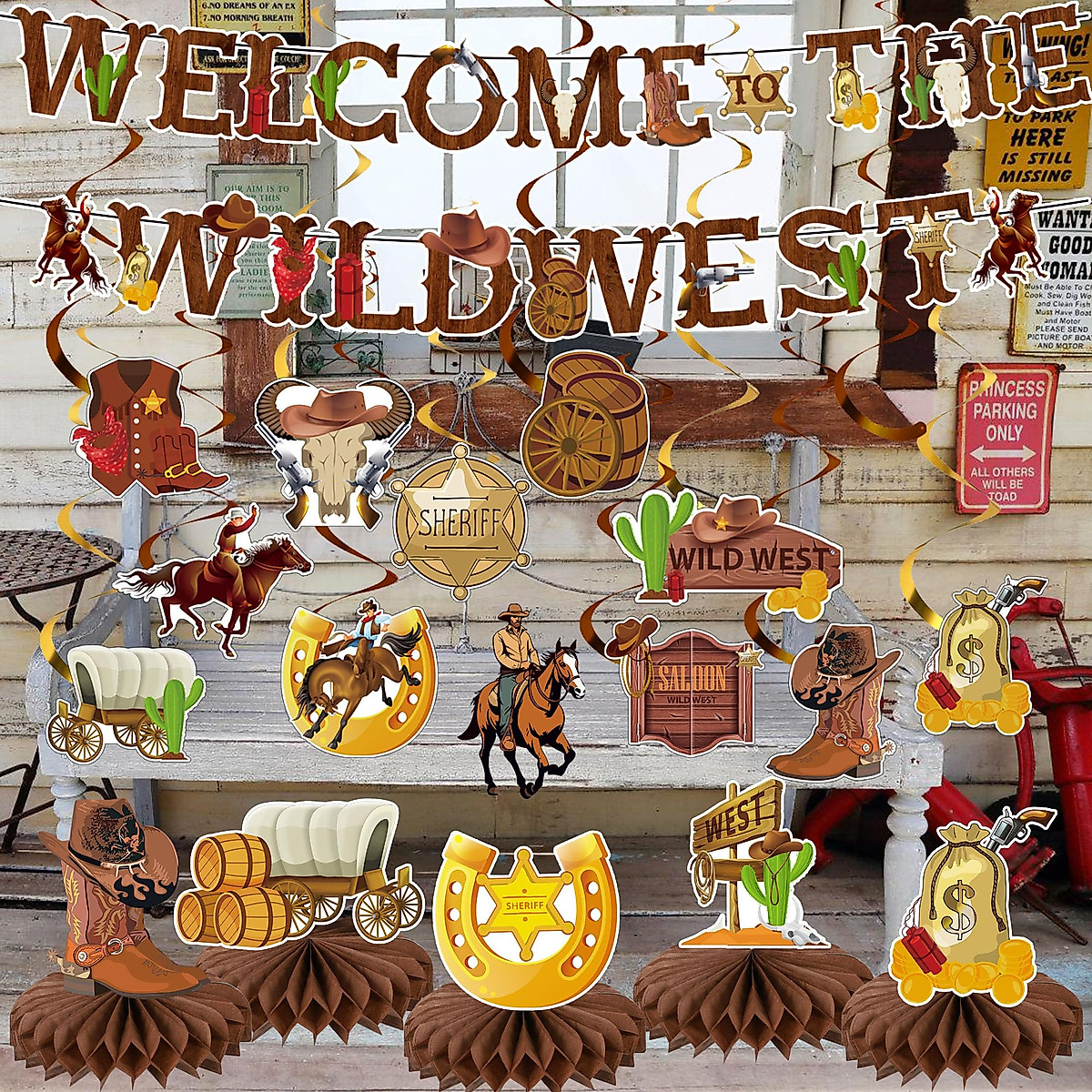 Western Cowboy Party Decorations Western Banner Wild West Hanging Swirls Cowboy Honeycomb Centerpieces for Cowboy Theme Birthday Baby Shower Party Supplies