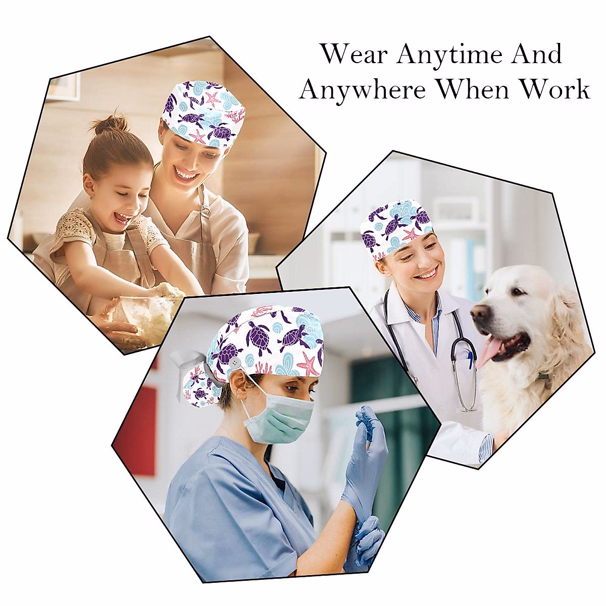 Ocean Turtle Working Caps with Buttons, Long Hair Scrub Hats Ponytail Holder for Women