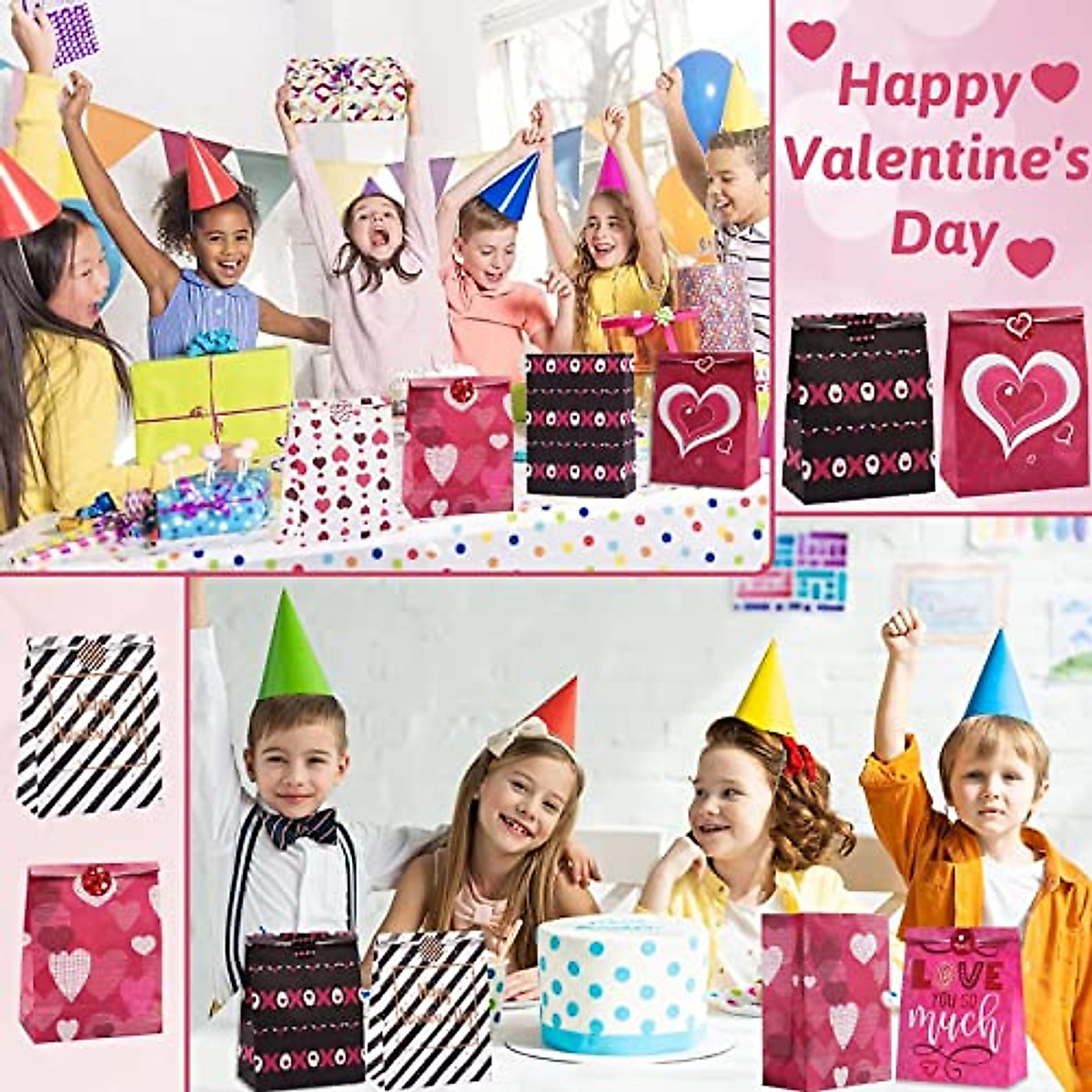 SCIONE 24 Pcs Valentines Day Gift Bags, Valentines Party Favors Bags with Stickers, Classroom Gift Exchange Giving Goody Bags Candy Treat Bags for Gift Wrapping