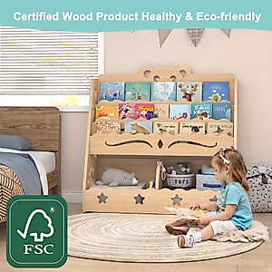 Yaofala Montessori Kids Bookshelf, Wooden Kids Book Rack Storage, Montessori Bookshelf for Kids, Durable Children's Bookcase for Nursery, Kids Room, Playroom, Toddler Bookshelf Rack.