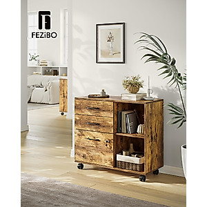 FEZIBO 3-Drawer Mobile File Cabinet, Lateral Filing Cabinet with Lock, Printer Stand with Open Storage Shelves for Home Office, Rustic Brown