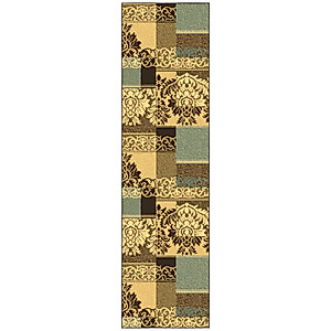 Machine Washable Damask Design Non-Slip Rubberback 3x10 Traditional Runner Rug for Hallway, Kitchen, Bedroom, Living Room, 2'7" x 9'10", Brown/Green