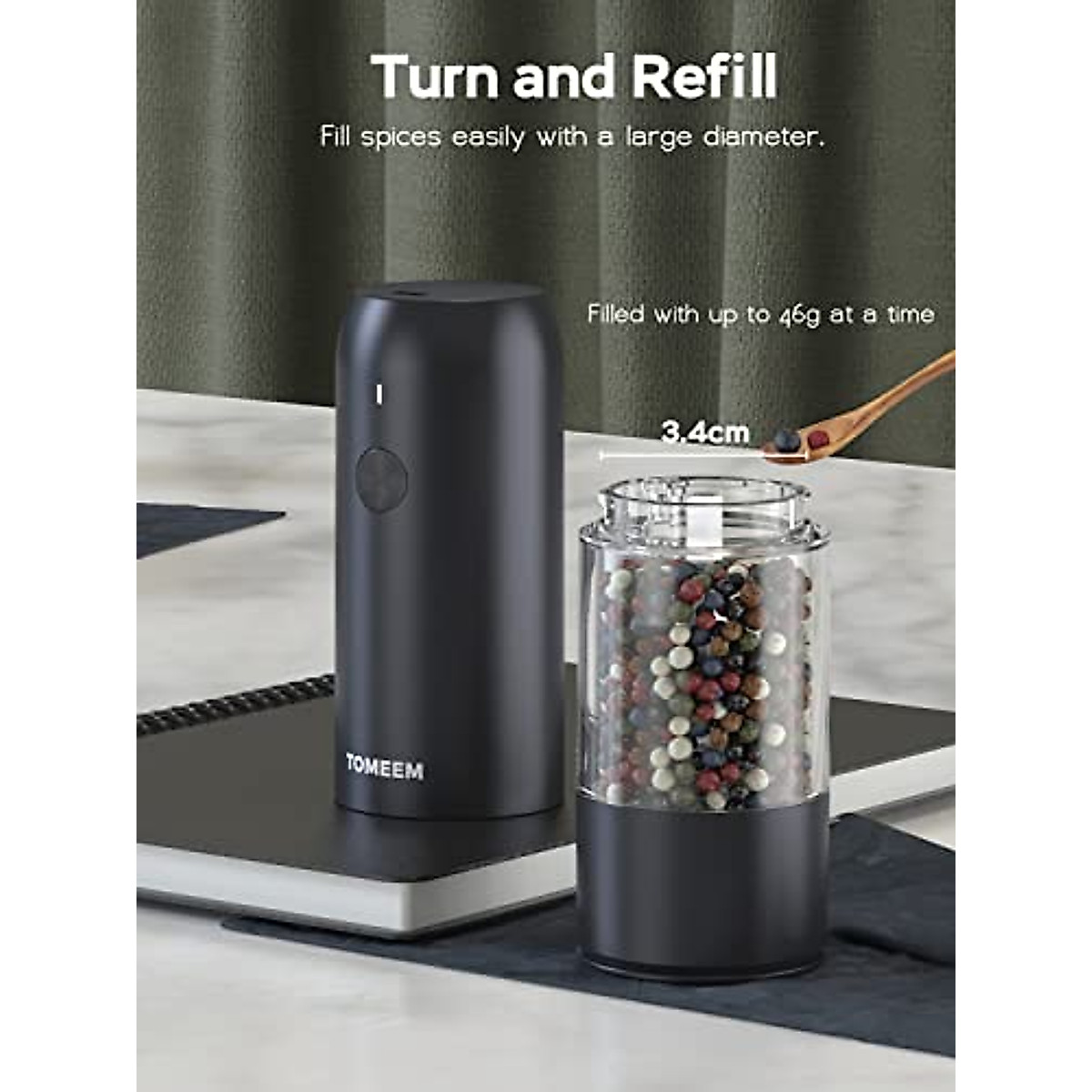 [Upgraded Larger Capacity] Electric Salt and Pepper Grinder Set - USB Rechargeable One Hand Operation Automatic Pepper Grinder and Salt Grinder with Adjustable Coarseness & LED Light Refillable