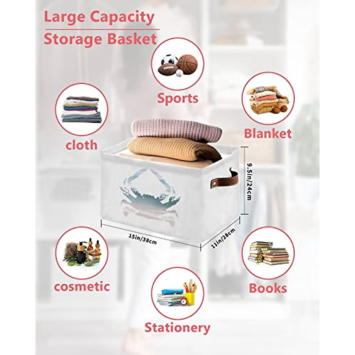 Sea Beach Storage Bins 2 Pack, Large Waterproof Storage Baskets for Shelves Closet, Summer Hawaiian Blue Sea Waves Crab Shape Storage Basket Foldable Storage Box Cube Storage Organizer with Handles