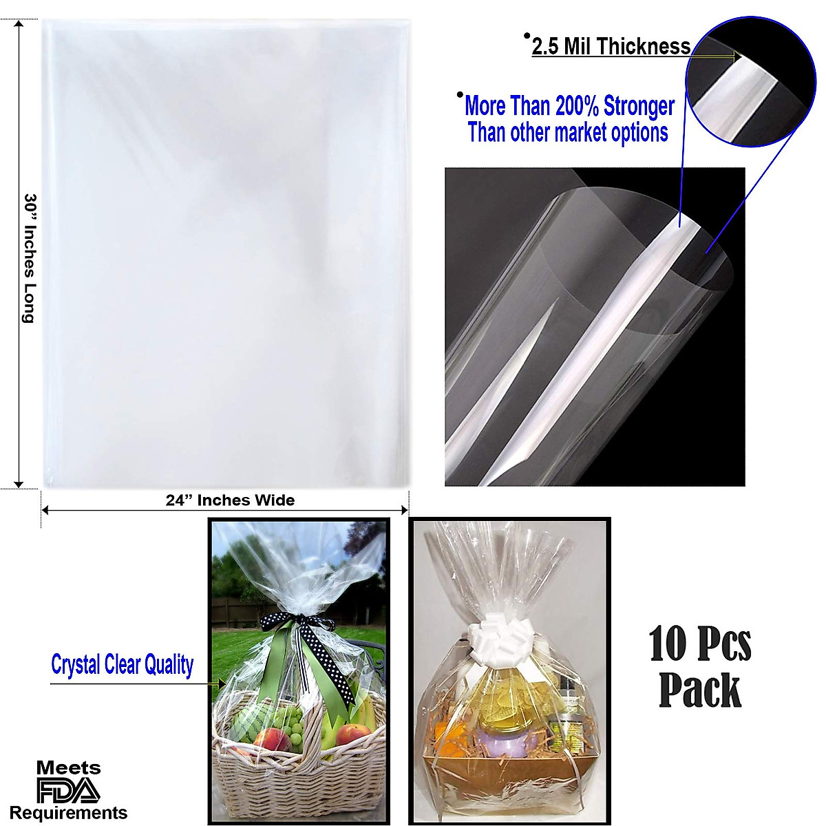 AnapoliZ Clear Cellophane Wrap Bags | (10 Pcs) X-Large 24”in X 30”in | 2.5 Mil Thick Crystal Clear Cello Bag | Clear Cellophane Basket Bags Large | Cellophane Bags for Baskets | Basket Wrapping Bags