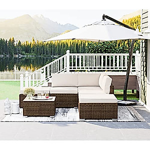 HOMPUS 6-Piece Outdoor Handwoven Sectional Sofa PE Rattan Wicker Couch Corner Conversation Set Furniture Brown Patio Sofa Set w Beige Seat Cushions, Glass Coffee Table for Garden,Yard,Pool