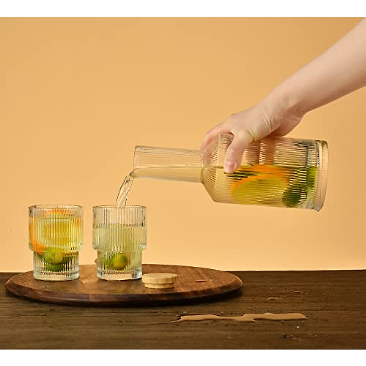 ALINK Glass Bedside Water Carafe with Lid and Glass Cups Set, Ribbed Carafe Glassware Drinking Glasses for Nightstand, 27oz Vintage Fluted Glassware Water Pitcher - Clear