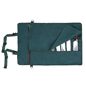Heavy Duty Waxed Canvas, Multi-Purpose Knife Case With 11 Slots, Durable Handle, Elastic Band (Dark Green)