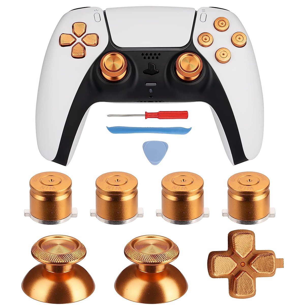 Avericht Metal ABXY Buttons Dpad Thumbsticks for PS5 Controller, Metal Aluminum Action Buttons & Dpad & Analog Stick Replacement Kit for PS5 Controller (Metal Gold)
