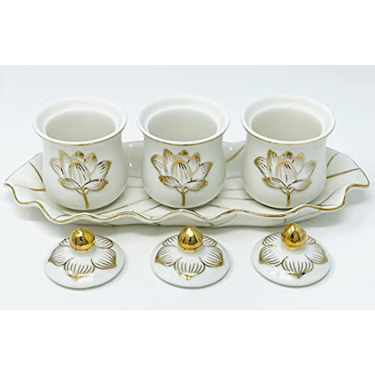 Houlu 3 Altar Cups Set, Ceramic Holy Water Offering Cup, Tibetan Buddhist Worship Cup (White)