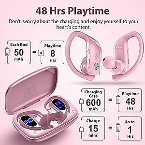 Wireless Earbuds Bluetooth Headphones 48hrs Play Back Sport Earphones with LED Display Over-Ear Buds with Earhooks Built-in Mic Headset for Workout Pink BMANI-VEAT00L