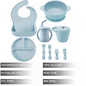 PandaEar Silicone Baby Feeding Set | 9PCS Baby Led Weaning Supplies Self Feeding Utensils | Divided Suction Plate Bowl Bibs Sippy Cup with Baby Snack Container Spoons Forks (Blue)
