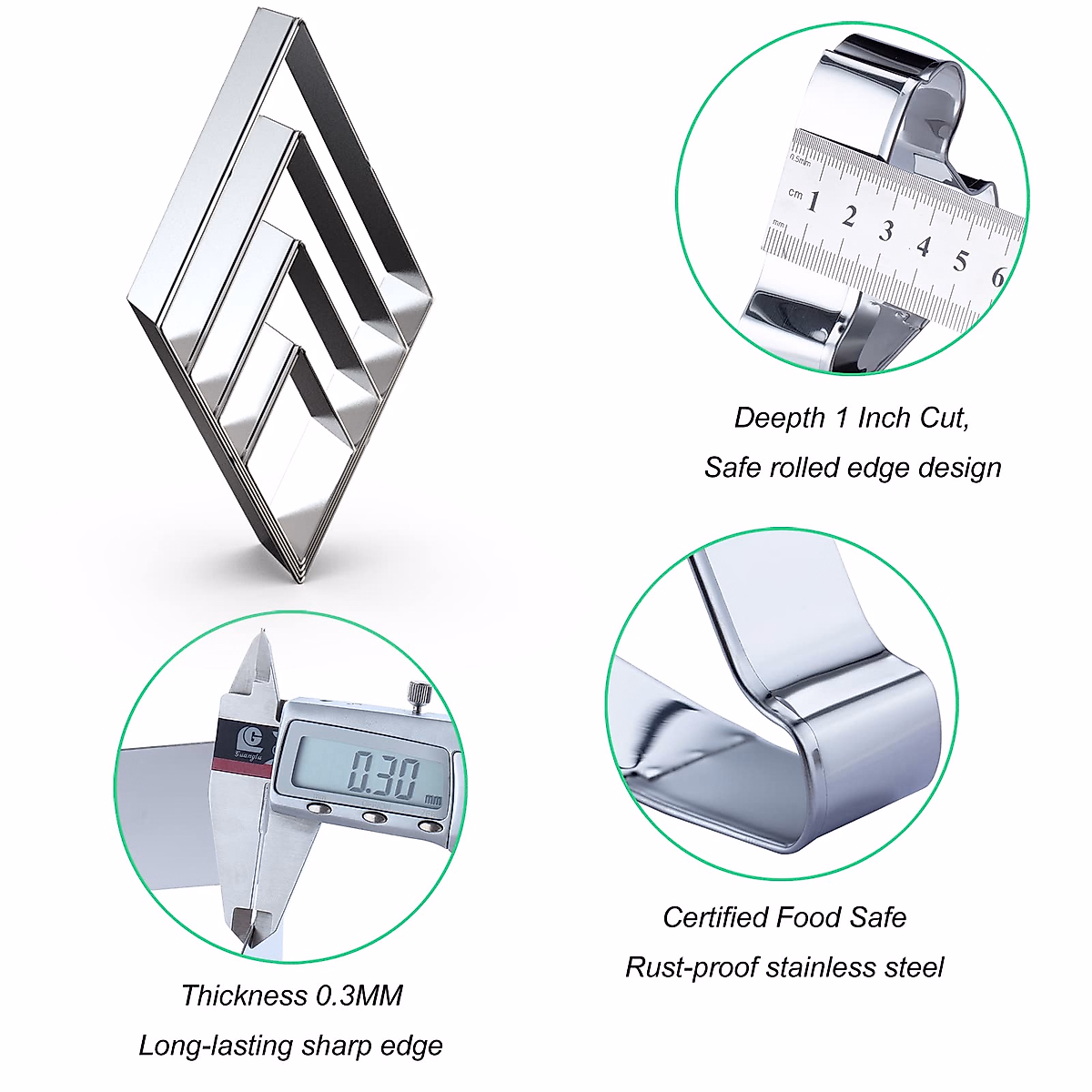 Rhombus Diamond Cookie Cutter Set Assorted Sizes Large Small Mini - 5 Inch, 4 Inch, 3 Inch, 2 Inch - 4 Piece - Stainelss Steel