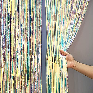 LILF Gorgeous Holographic Iridescent Fringe Curtain - 2 Pack of 8.3ft x 3.3ft Tinsel Streamer for Wedding Birthday Party Bridal/Baby Shower Christmas Photo Booth Backdrop Decoration