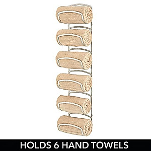 mDesign Steel Towel Holder for Bathroom Wall - Wall Mounted Organizer for Rolled Towels and Bath Robes - Six Level Wall Mount Towel Storage Rack - Bathroom Towel Organizer - Hyde Collection - Satin