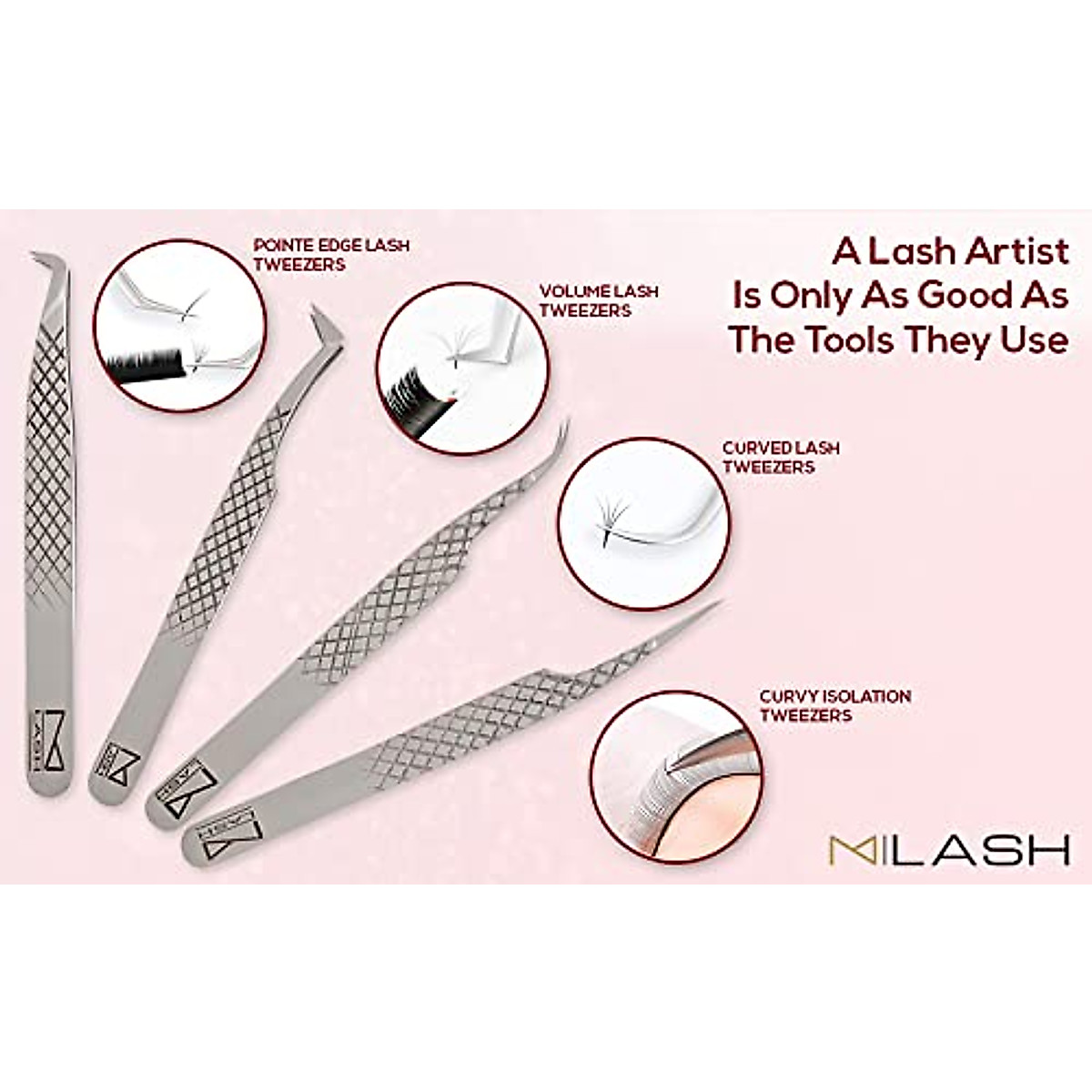 M LASH Eyelash Extension Tweezers (Set of 4) - Professional & Precision Lash Tweezers for Eyelash Extensions - Japanese Steel, Diamond Grip, Fiber Tip (Matte Black)