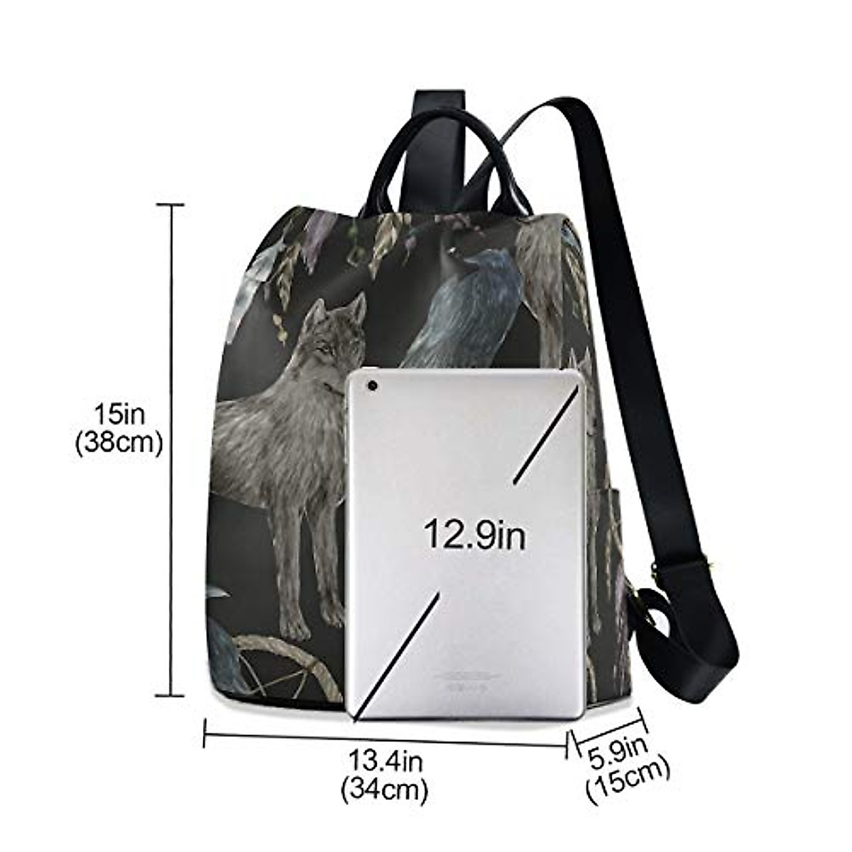 ALAZA Watercolor Black Raven and Wolf Boho Backpack Purse with Adjustable Straps for Woman Ladies