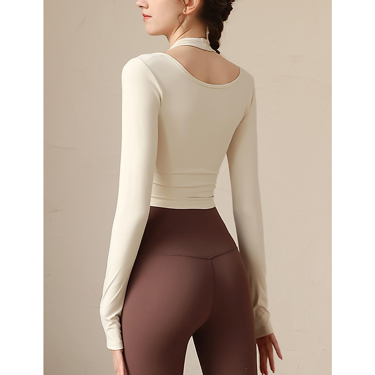 Gihuo Long Sleeve Crop Top Workout Women Athletic Yoga Running Cropped Tops Slim Fit Sport Gym Shirts(Apricot, S)