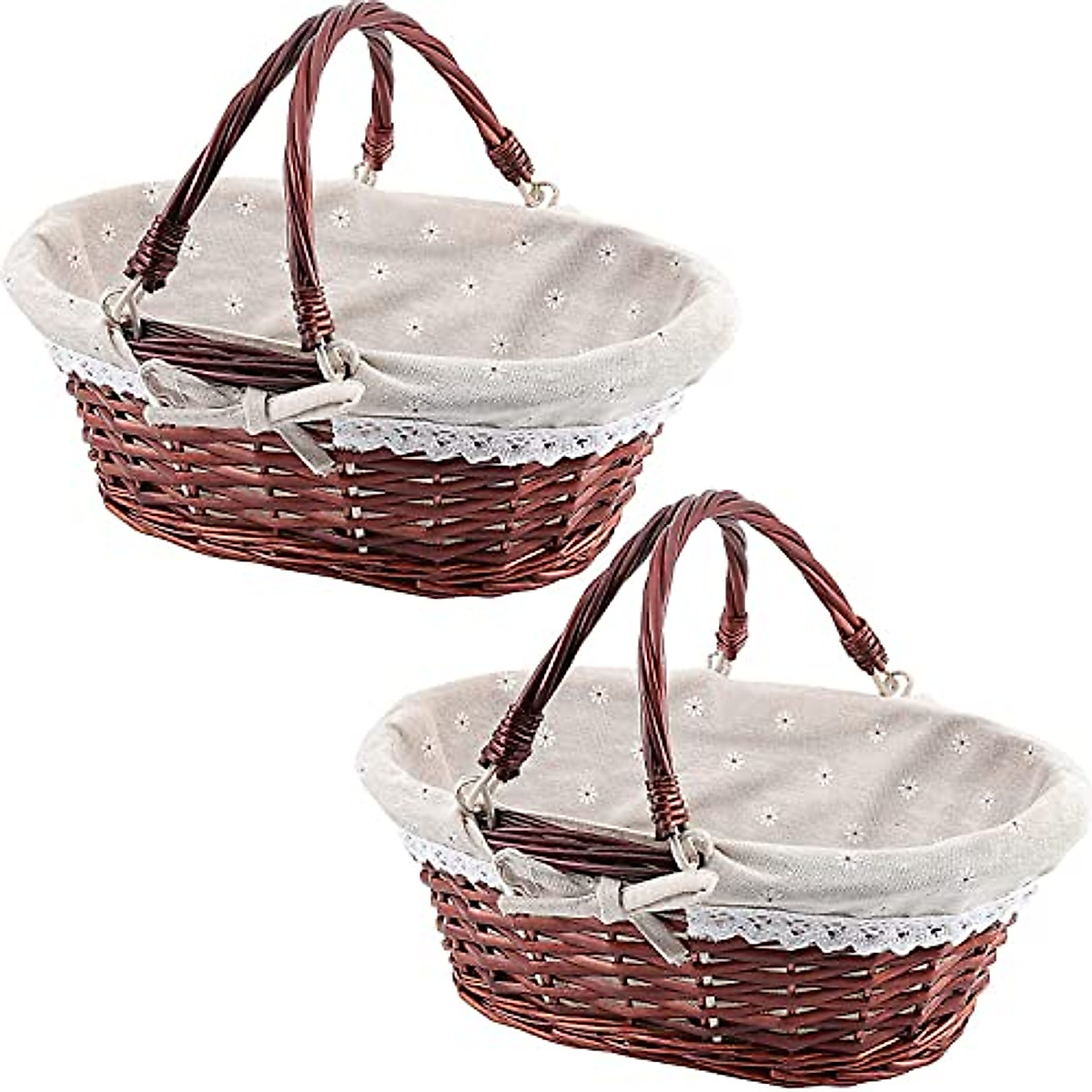 ZEONHEI 2 PCS Wicker Gift Picnic Basket, Brown Willow Woven Basket, Fruit Easter Candy Wedding Party Decoration Serving Basket with Folding Handles and Linen Cloth Lining