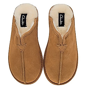 Clarks Mens Open Back Suede Leather Slipper - Plush Faux Fur Lining - Indoor Outdoor House Slippers For Men (13 M US, TAN)