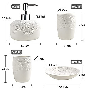 Bathroom Accessories Set with Embossed Design 5PCS, Ceramic White Bathroom Accessory Set, 2Pcs Bathroom Soap Dispenser 14oz, 2Pcs Tumbler Cup, 1Pcs Soap Dish, ANTIS'S HOME