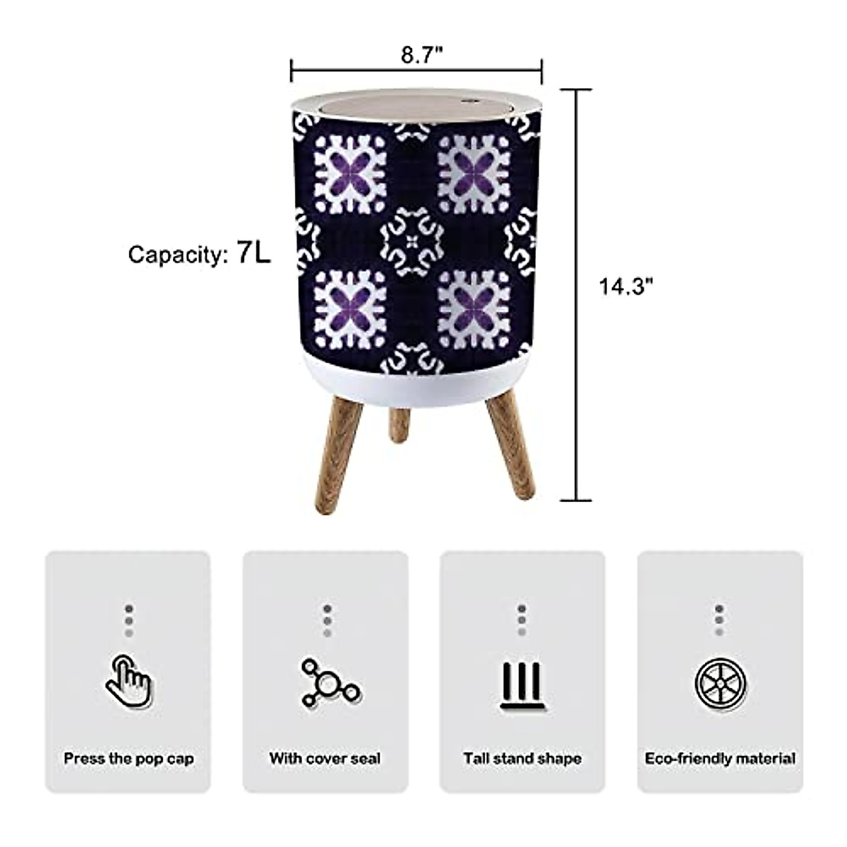 Small Trash Can with Lid Portugal Patterns Lilac Ethnic Animals Seamless Graphic White Ethnic 7 Liter Round Garbage Can Elasticity Press Cover Lid Wastebasket for Kitchen Bathroom Office 1.8 Gallon