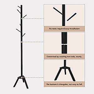 Sywhitta Coat Rack Stand, Premium Bamboo Free Standing Coat Rack with 6 Hooks, Easy Installation Clothes Hanger Stand, Black