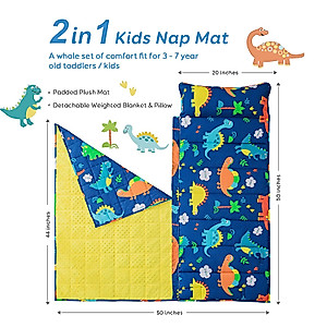 Sivio Nap Mat Weighted Blanket 3lbs, Weighted Nap Mat Blanket with Detachable Pillow, 50 x 20 Inches, Blue Dinosaur