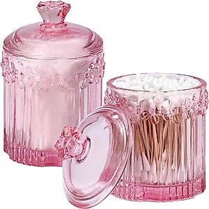 MXCELL Pink Qtip Cotton Ball Hair Ties Candy Holder Makeup Storage Bathroom Accessories Organizer Thick Glass Apothecary Jars with Lid, 2pcs