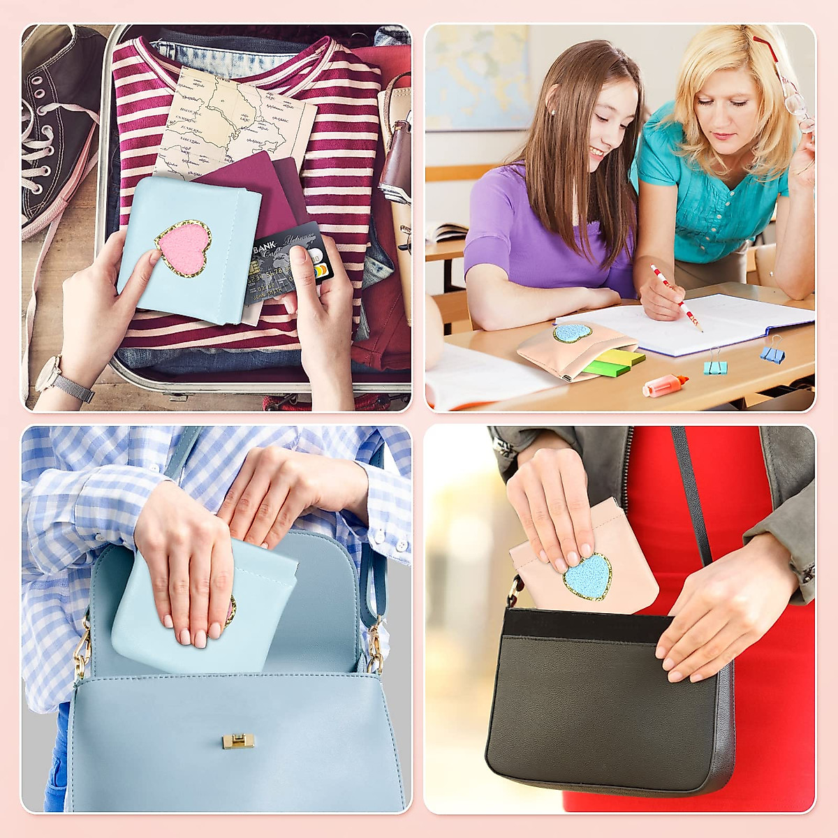 BYXEPA Coin Purse 2 Pack Change Purses Small PU Leather Cosmetic Bag Pocket Heart Makeup Organizer Cute Portable Waterproof Jewelry Travel Case for Women (Pink + Blue)