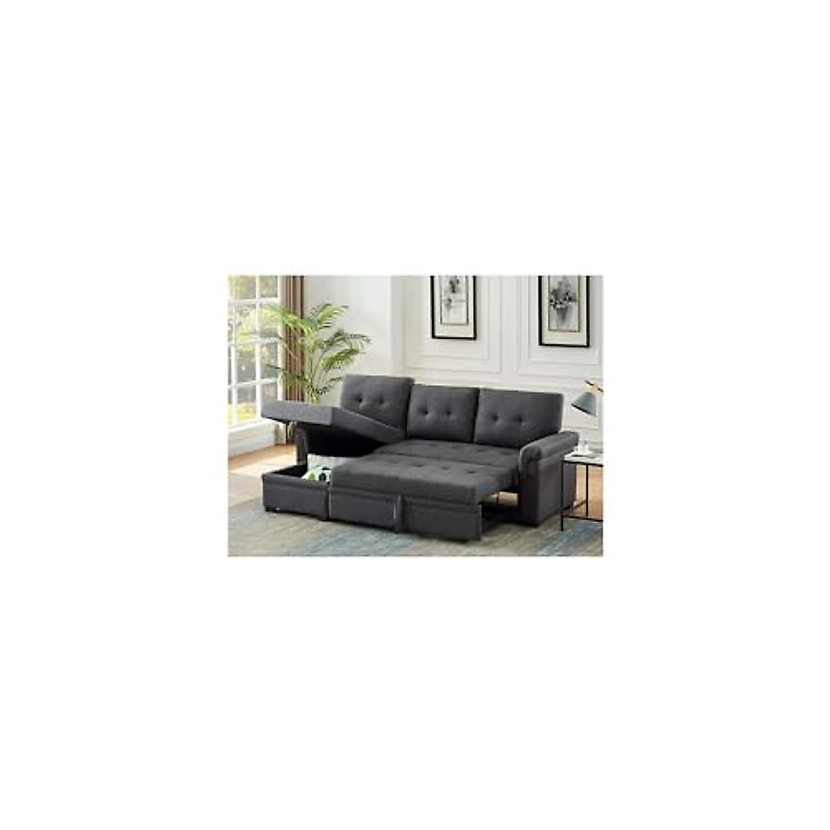 Maykoosh Lakeside Living Linen Cotton Upholstery Fabric Reversible 3 Seating Sectional Sleeper Sofa Chaise with Storage - 86" D x 54" W x 35" H Steel Gray