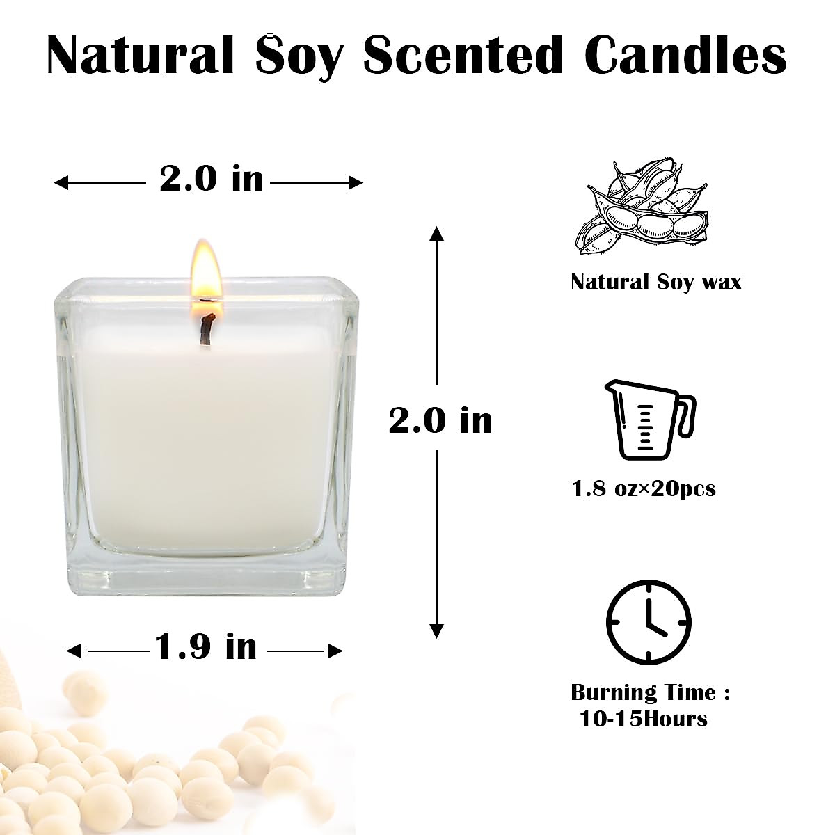Kingyo 20 Pack White Unscented Votive Candles in Clear Square Glass Jar - 10 Hour Burn Time - Perfect for Wedding Receptions, Christmas, Party Favors & More