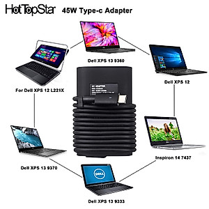 HotTopStar 45W USB-C Laptop Charger Compatible for Dell XPS 13 9370 9360 9380 7390 2in1 XPS 12 9250 Latitude 7275 7370 7290 5285 5290-2in1 Chromebook 3100 3400 LA45NM150 Type C Power Cord Supply