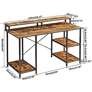 IBUYKE 55" Computer Desk, Office Table, Gaming Workstation with Storage Shelves/Monitor Stand, Study Table for Home Office, Space-Saving, Easy to Assemble, Rustic Brown and Black UTMJ056H